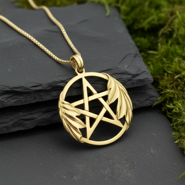 Gold Pentagram Pentacle Pendant with Oak Leaves