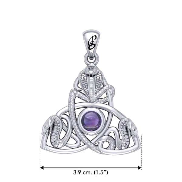 Triple Snake with Celtic Trinity Knot Sterling Silver Pendant with Gem