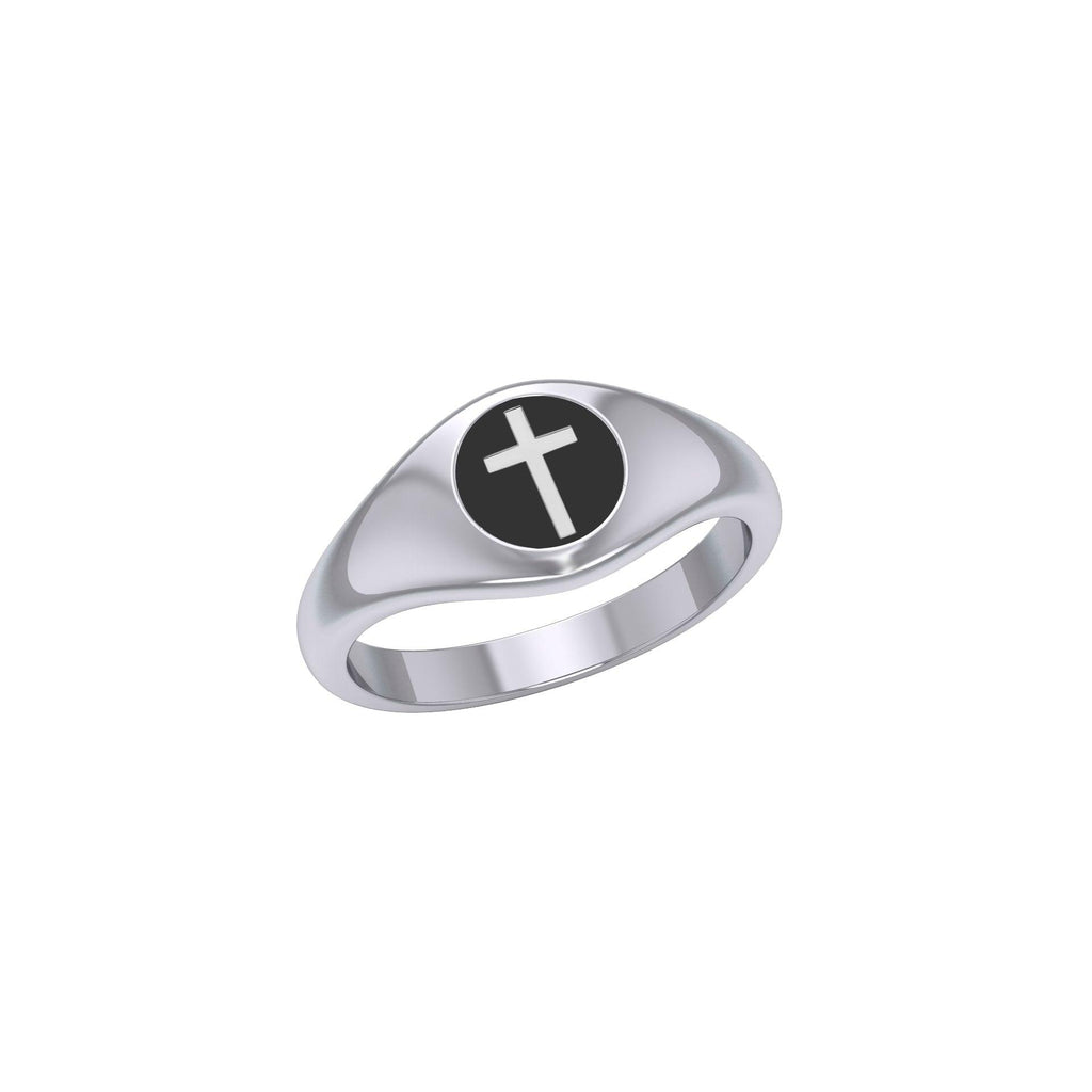 Spiritual Elegance Solid White Gold Faith Cross Women Ring with Black