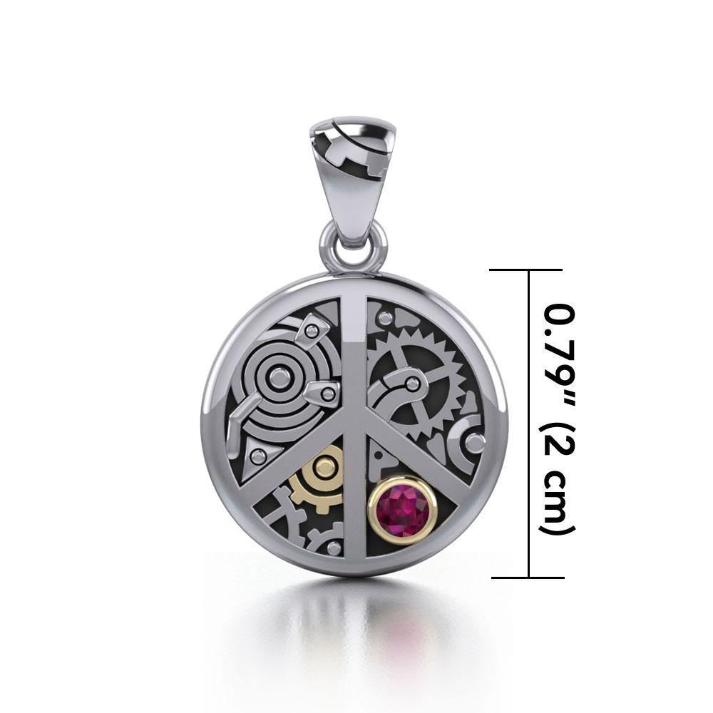 Peace Symbol Steampunk Sterling Silver and 14K Gold Accent Pendant MPD