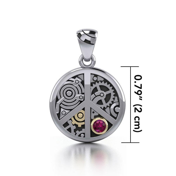 Peace Symbol Steampunk Sterling Silver and 14K Gold Accent Pendant MPD